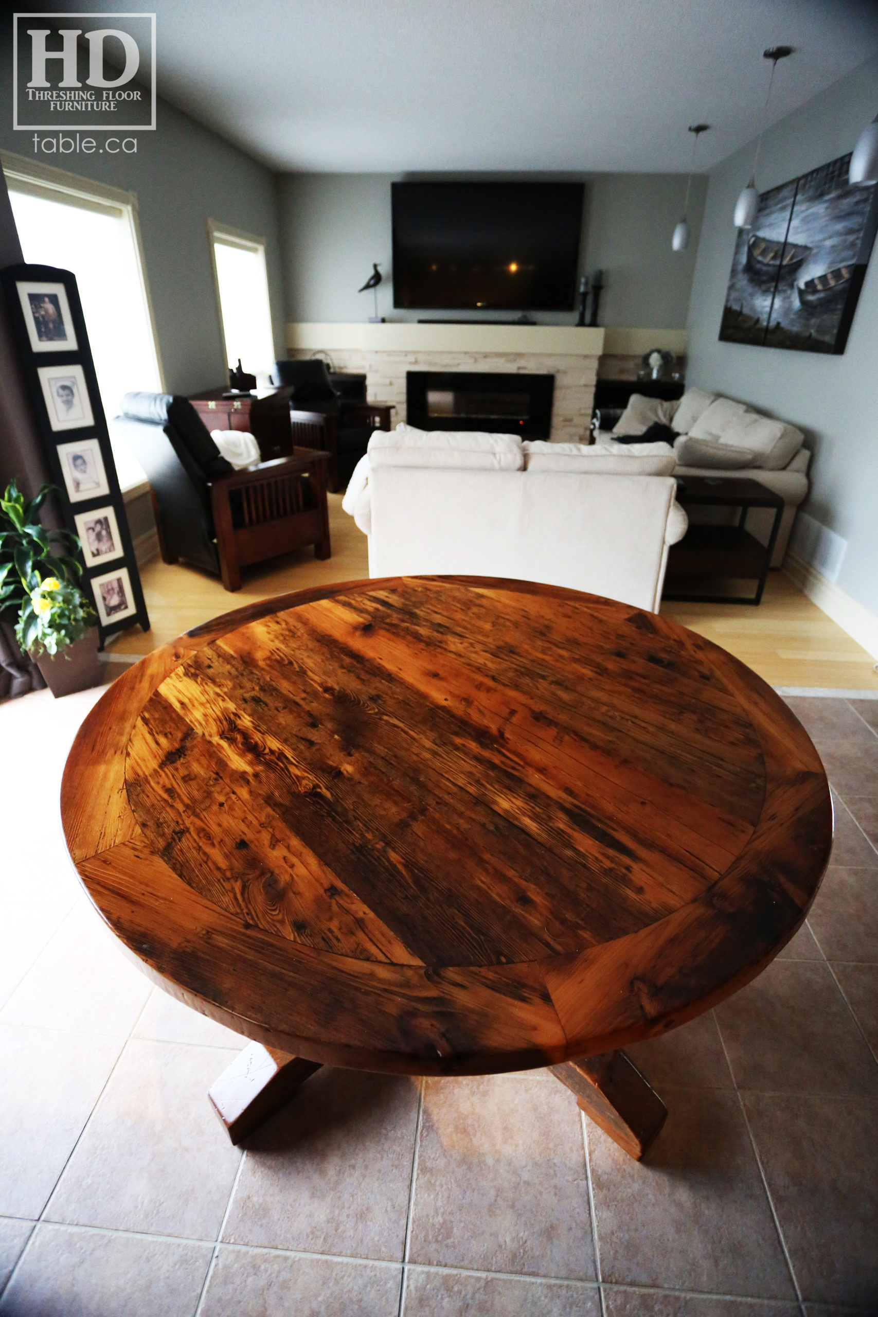Rustic Reclaimed Wood Round Table with Cedar Hydro Pole Base | Blog