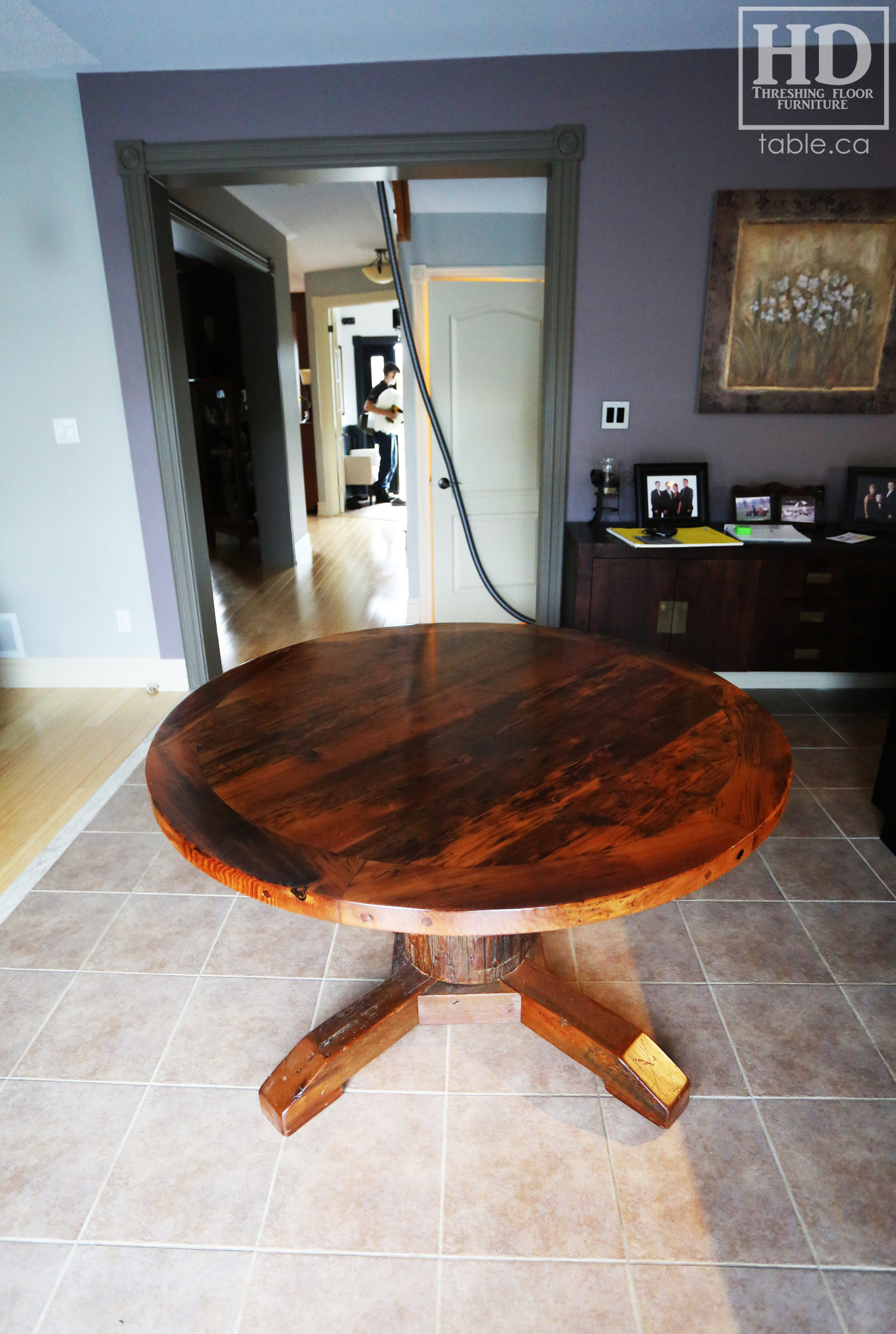 Rustic Reclaimed Wood Round Table with Cedar Hydro Pole Base | Blog
